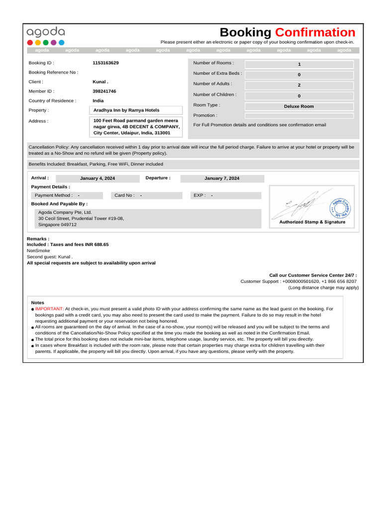 Confirmation For Booking ID # 1153163629 | PDF