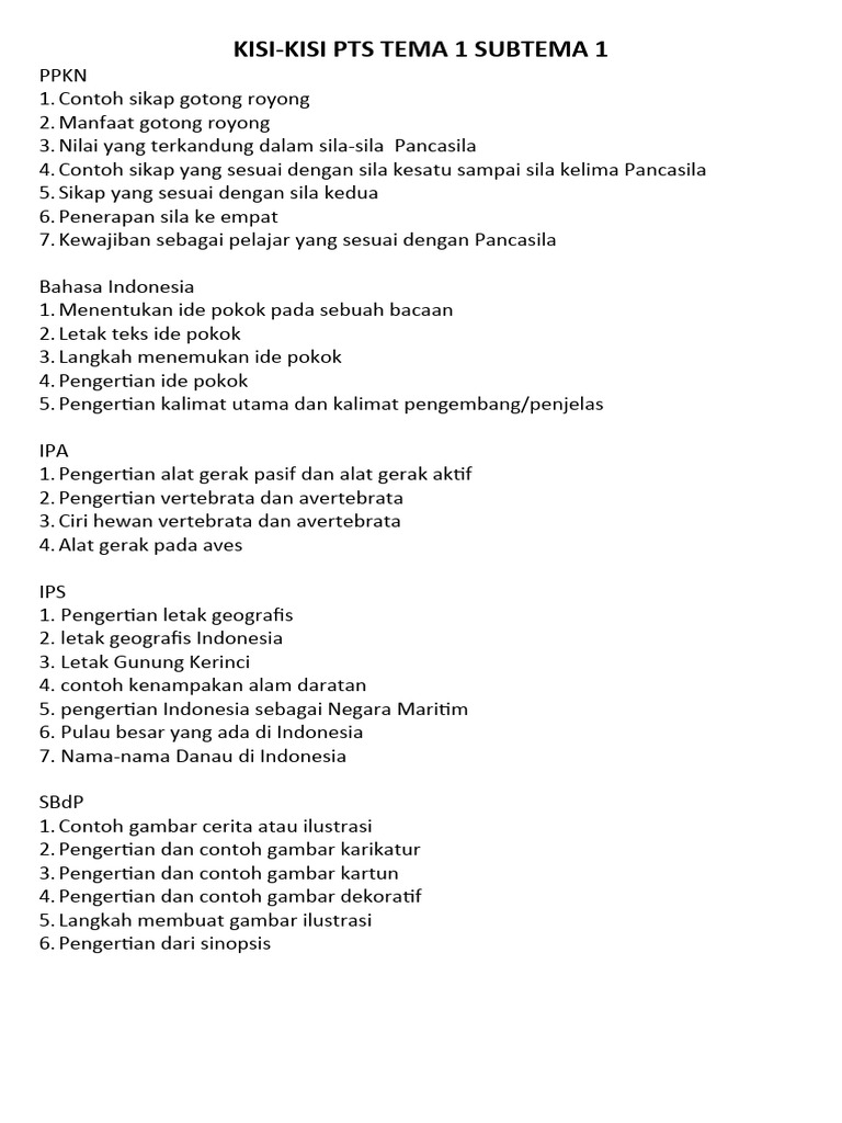 Kisi-Kisi Pts Kelas 5 Tema 1,2,3 | PDF