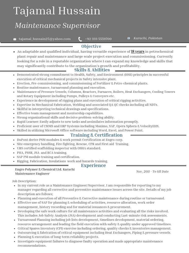 My CV - 18 Years of Experience in Mechanical Maintenance | PDF ...