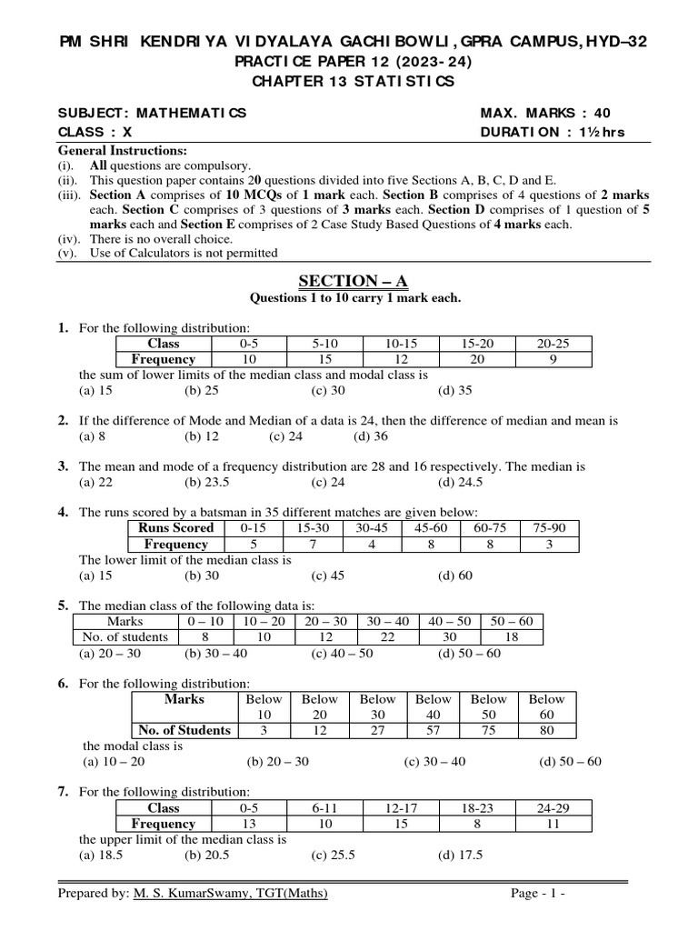 maths-class-x-chapter-13-statistics-practice-paper-12 | PDF | Arithmetic Mean | Clinical Medicine