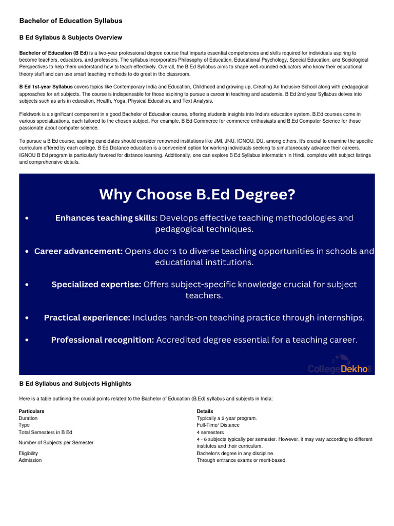 Bachelor of Education Syllabus Overview | PDF | Pedagogy | Educational ...