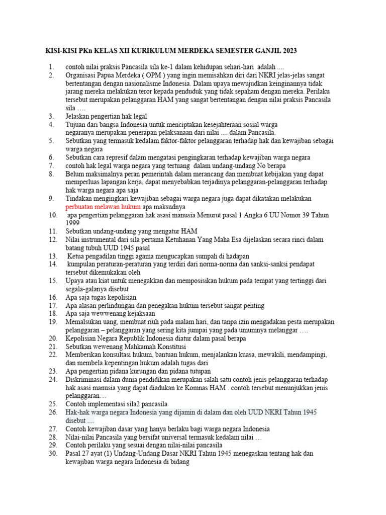 Kisi-Kisi PKN Kelas Xii Kurikulum K-13 Semester Ganjil 2023 | PDF