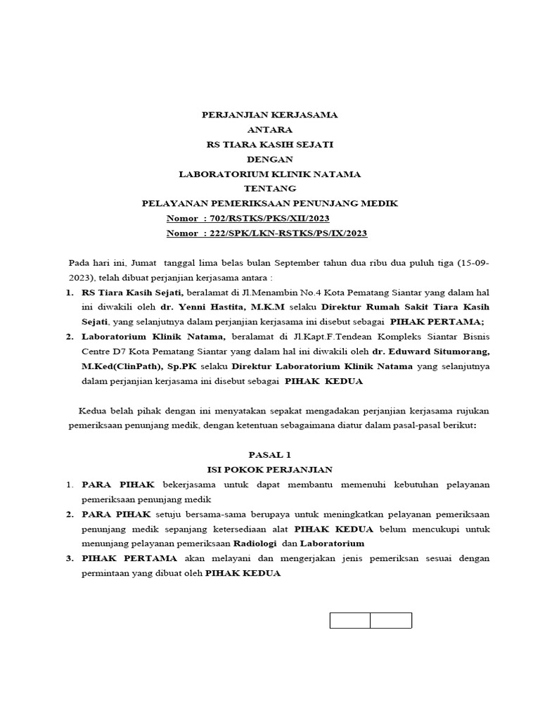 Perjanjian Kerjasama Rs Tiara Dan Laboratorium Klinik Natama Pdf