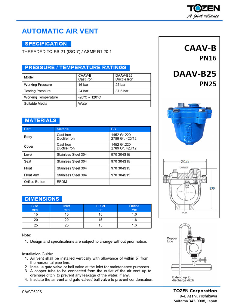 CAAV Automatic Air Vent Manual | PDF | Valve | Pipe (Fluid Conveyance)