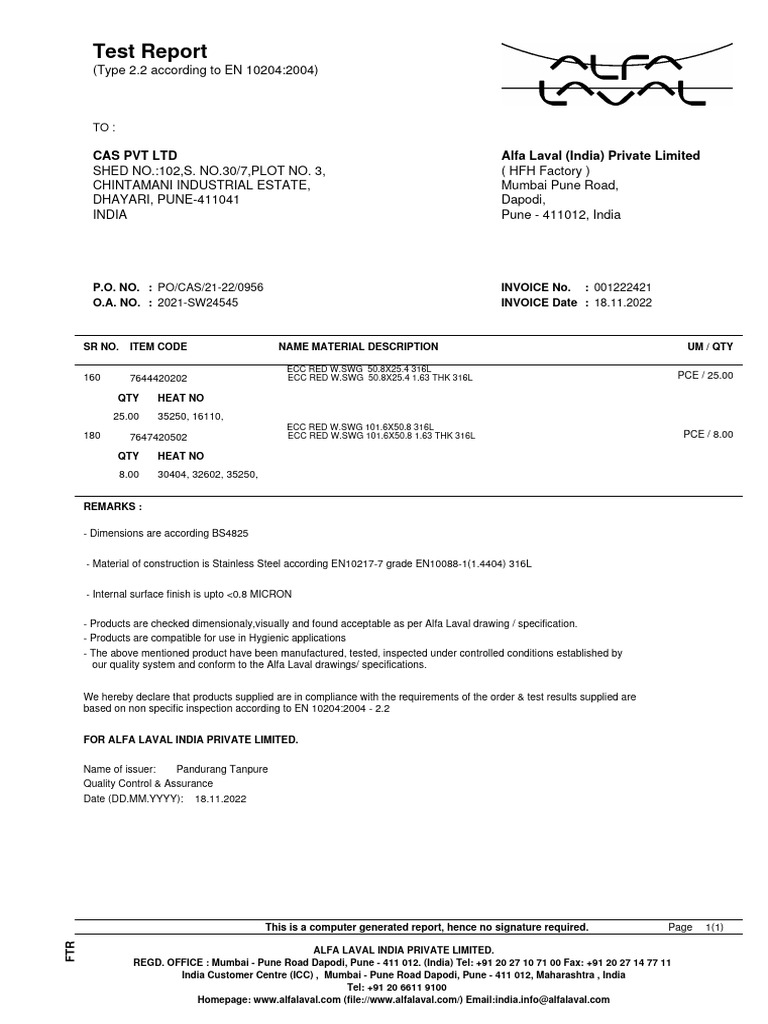 CAS Fitting Certificate - Order Number - SW24545 - Delivery Number ...