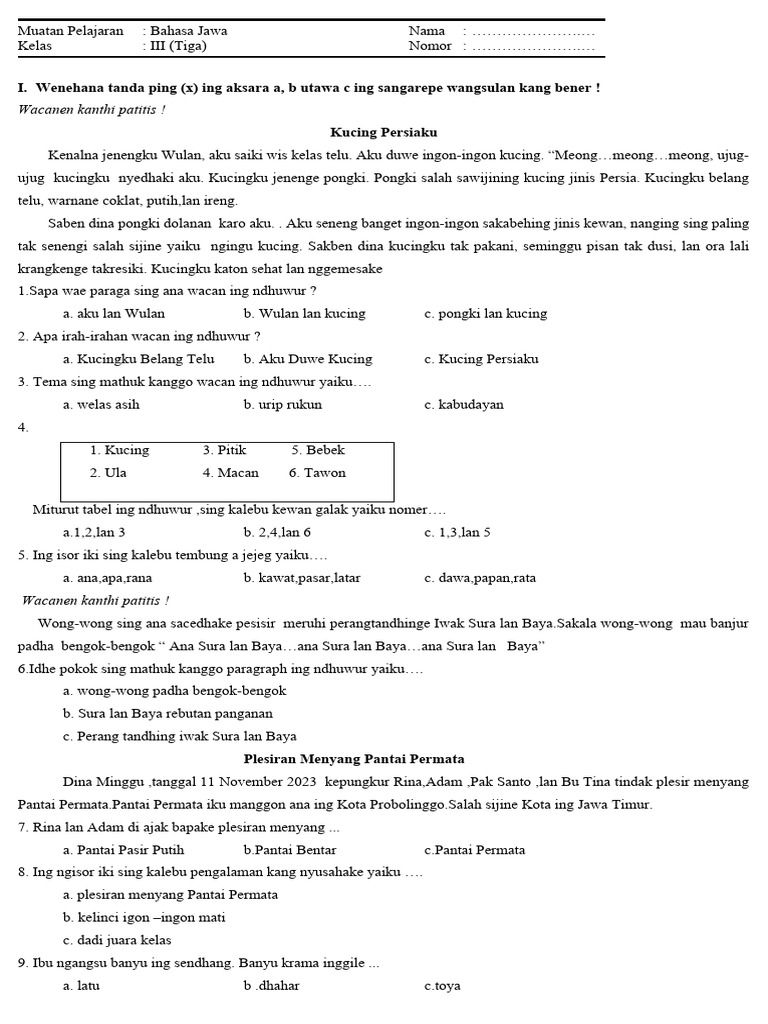 SOAL-SOAL AAS GANJIL KLS 3 B JAWA. Fix | PDF