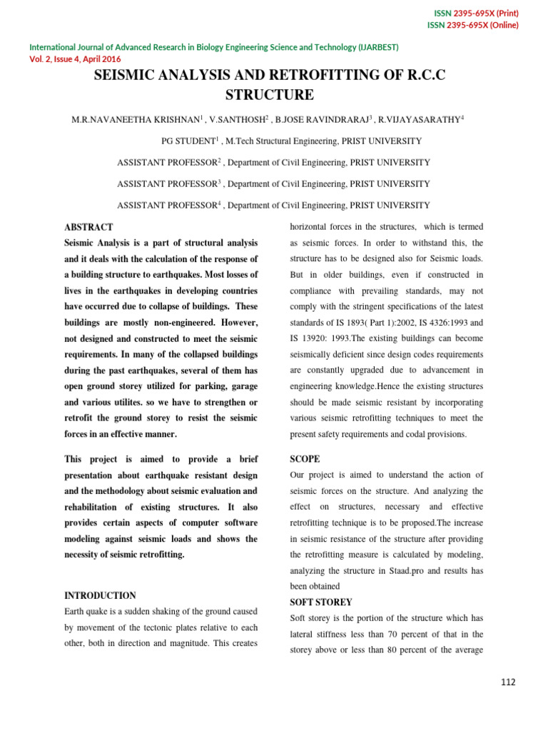 Seismic Analysis And Retrofitting Of R C C Structure Pdf Earthquake Engineering Earthquakes