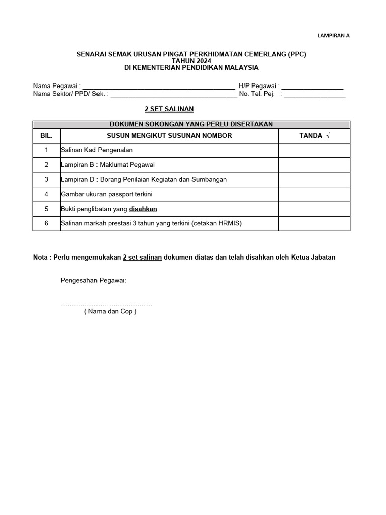 Lampiran A & B Senarai Semak Dan Senarai Calon PPC Tahun 2024 | PDF