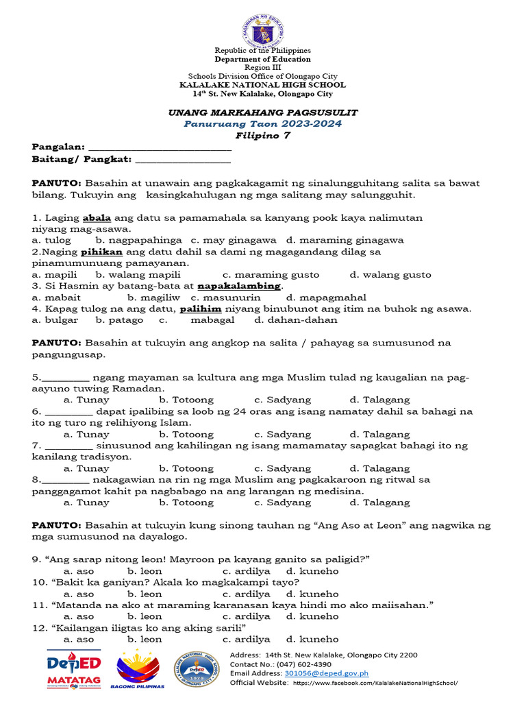 Fil7 Q1 Exam 23 24 | PDF