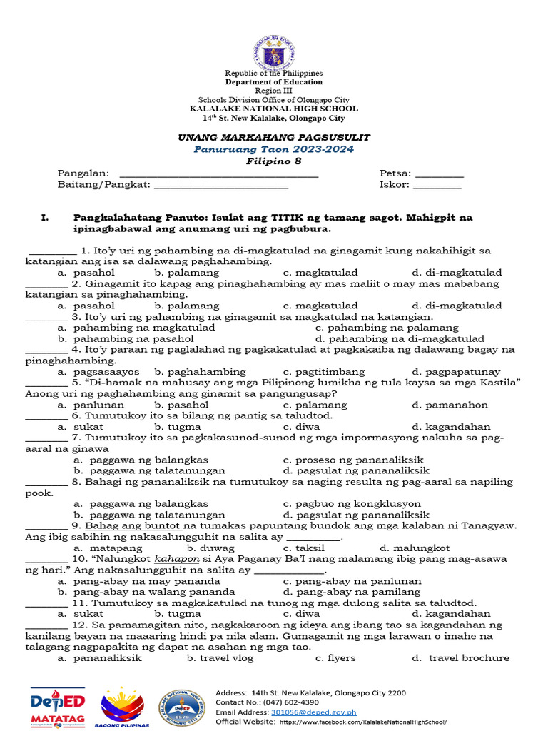 Fil8 Q1 Exam 23 24 | PDF