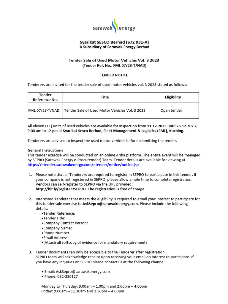 Tender Notice - Tender Sale of Used Motor Vehicle Vol.3 2023 | PDF ...