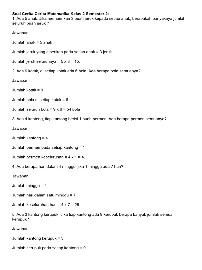 Soal Cerita Cerita Matematika Kelas 2 Semester 2 | PDF | Seni & Disiplin Bahasa