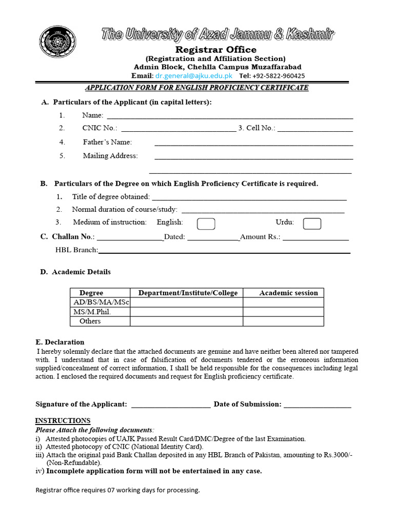 English Proficiency Certificate Application | PDF
