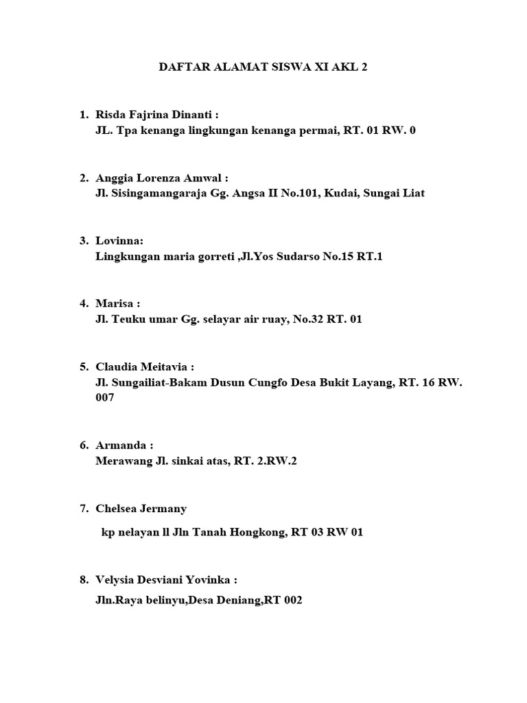 DAFTAR ALAMAT SISWA XI AKL 2 | PDF