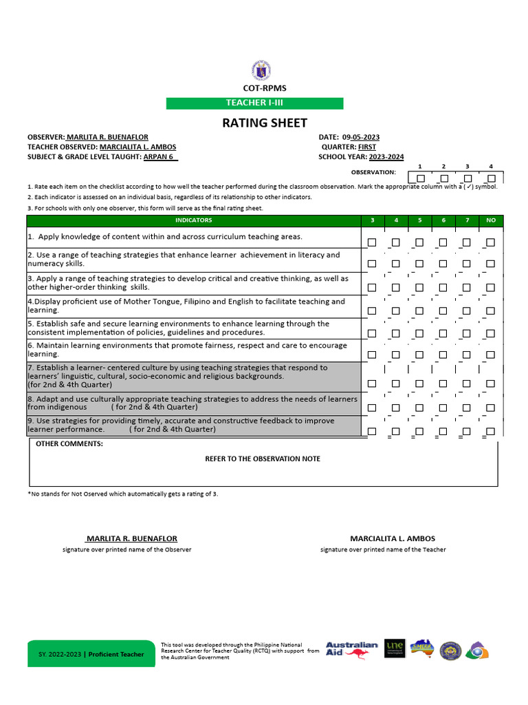COT-RPMS Rating Sheet 2023-2024 | PDF