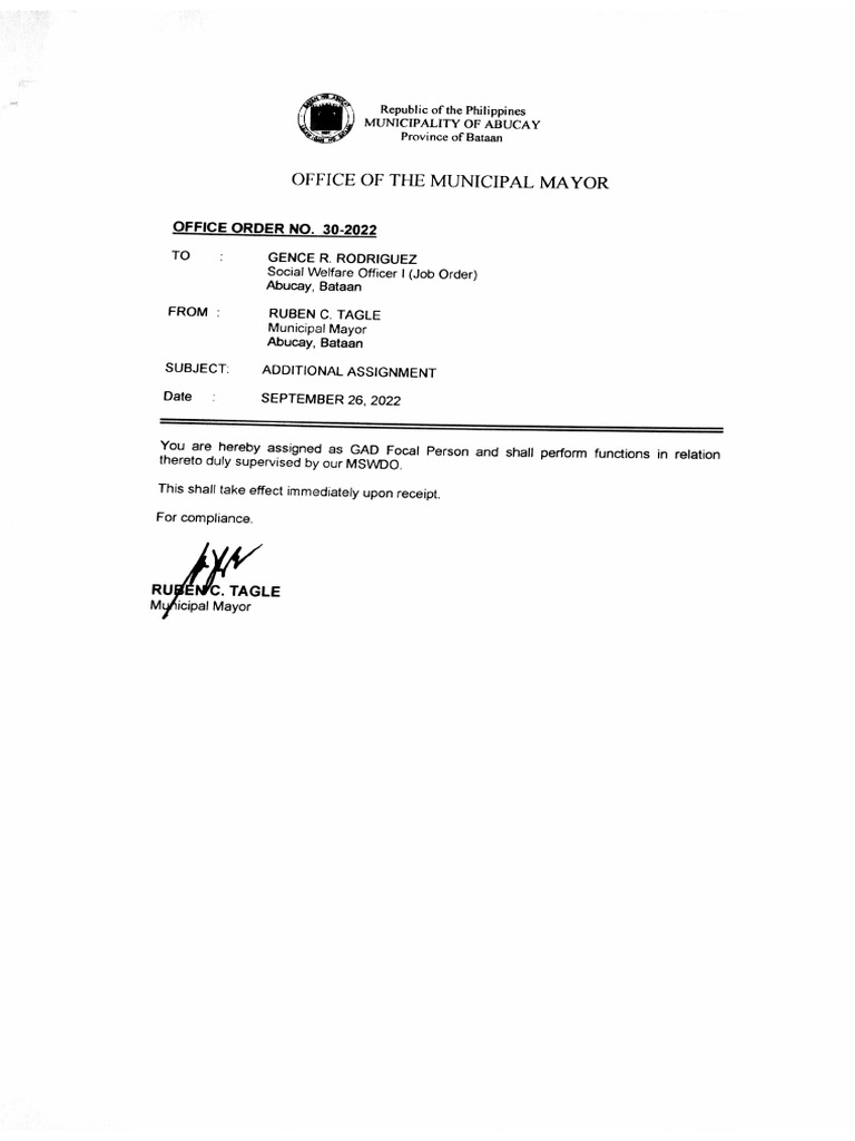 Office Order of Additional Assignment As Focal Person | PDF