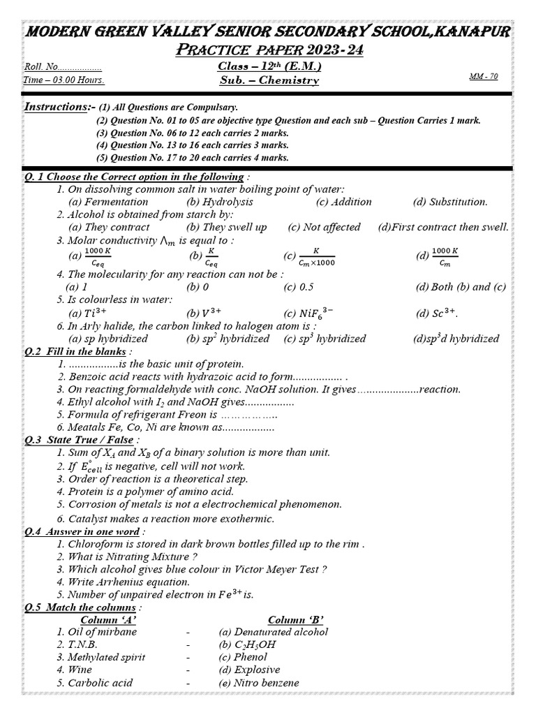 Chemistry Practice Paper EM | PDF | Ethanol | Acid