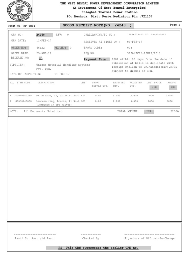 West Bengal Power Goods Receipt Note | PDF
