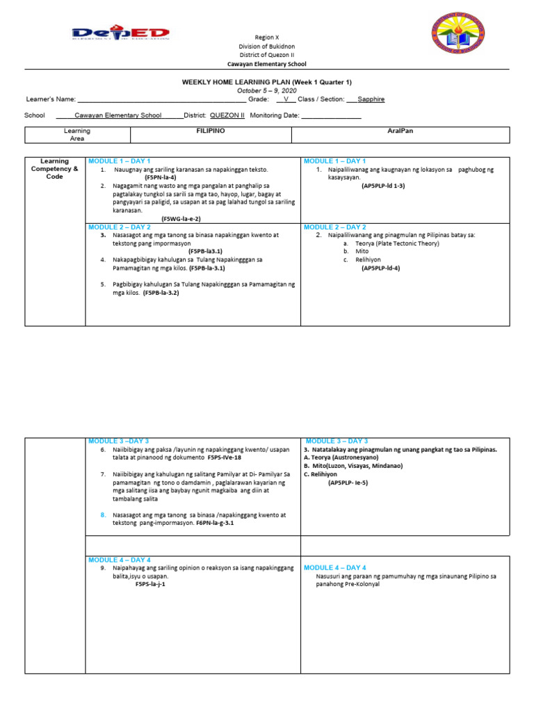 Aralin Pan and Filipino Week Plan | PDF