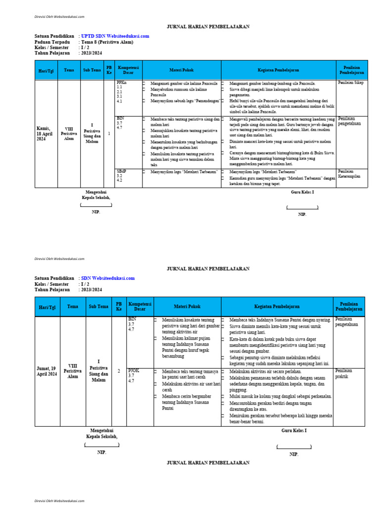 Jurnal Harian Kelas 1 Tema 8 | PDF