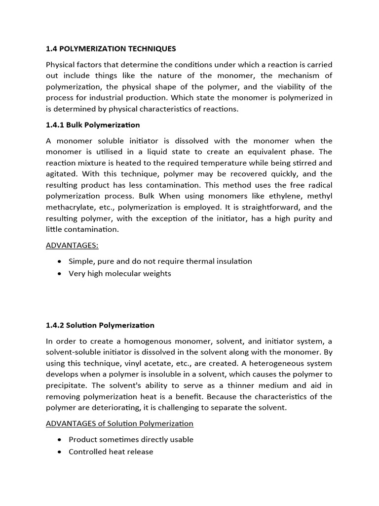 1.4 Polymerization Techniques | PDF | Polymerization | Polymers
