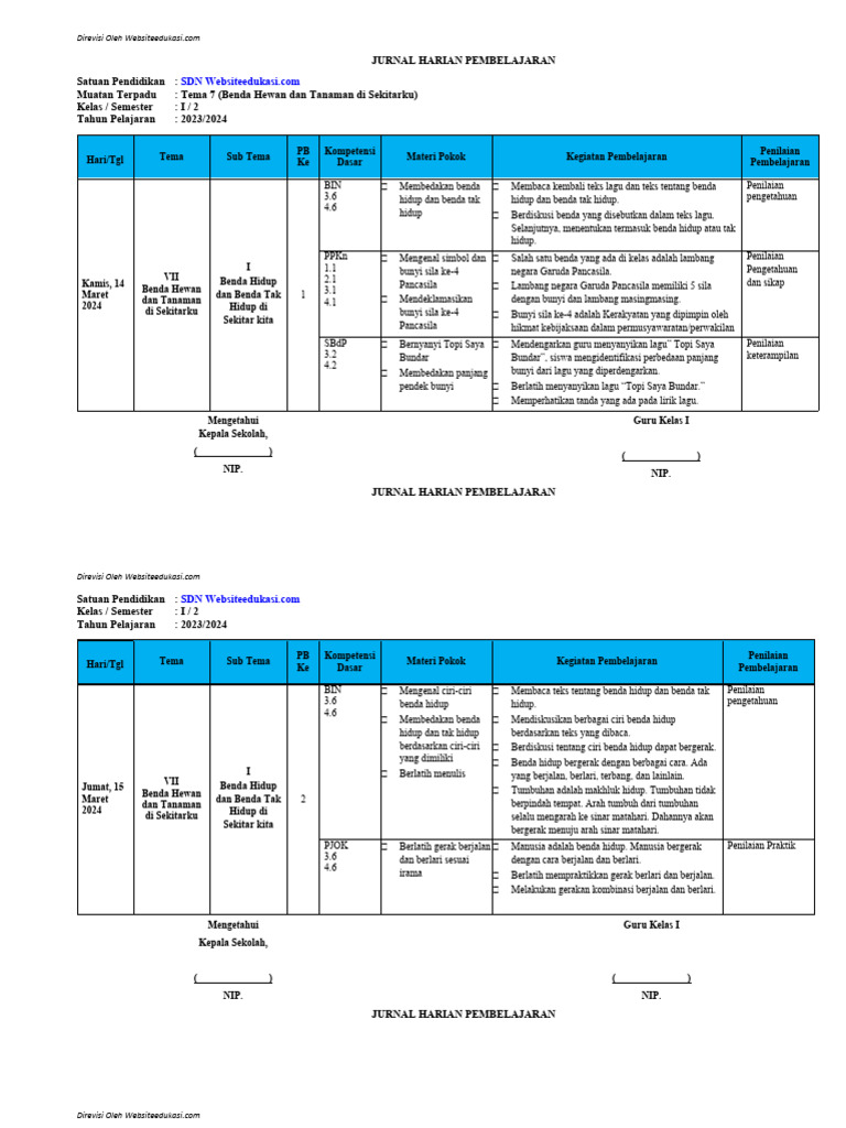 Jurnal Harian Kelas 1 Tema 7 | PDF