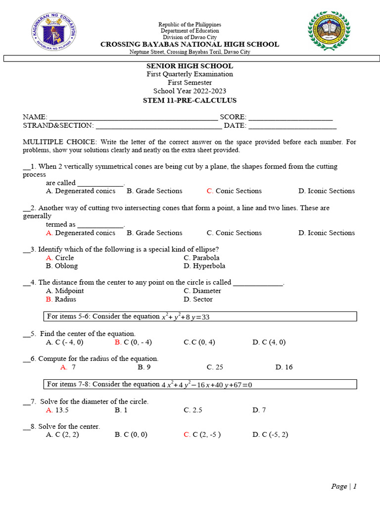Pre Calculus TQ 1st Q Examination With Answer Key | PDF | Euclidean ...