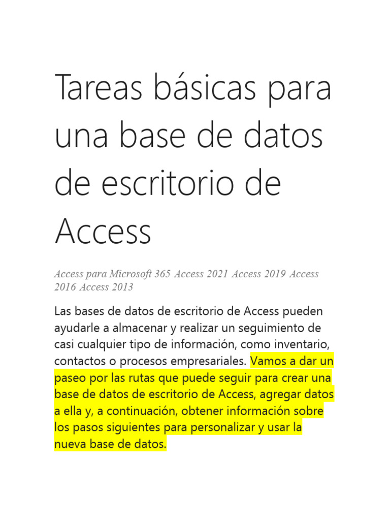 Tareas básicas para una base de datos de escritorio de Access | PDF | Bases de datos | Archivo ...