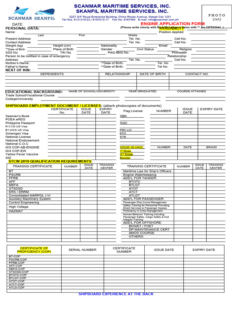 Fo Fgo 2 1 Application Form (Engine Department) | PDF