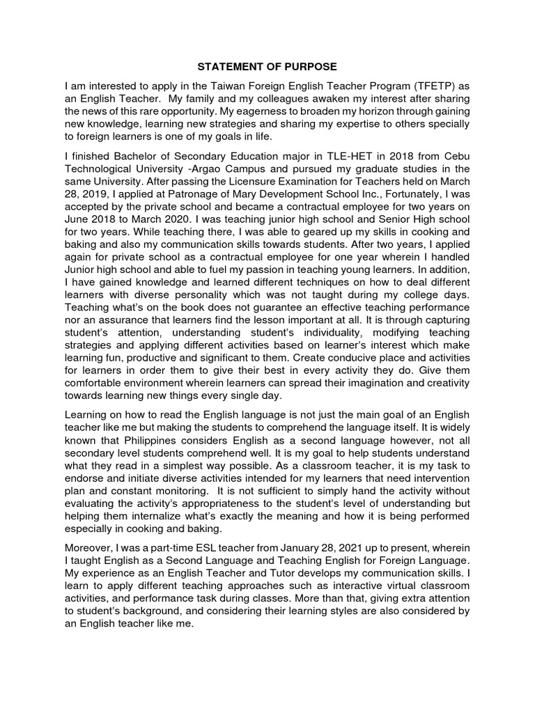 Statement of Purpose | PDF | English As A Second Or Foreign Language | Teachers