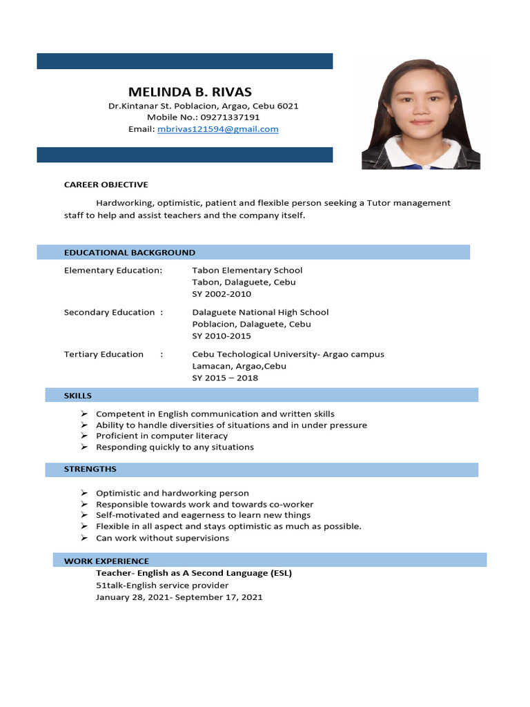 Melinda Rivas - Resume 2 | PDF | English As A Second Or Foreign Language | Learning