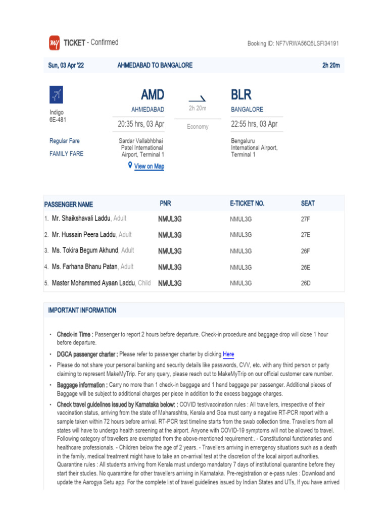 Ahmedabad To Bangalore Ticket | PDF | Identity Document