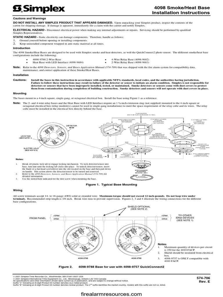 Simplex 4098 9788 Smoke Detector Base Installation Instructions ...