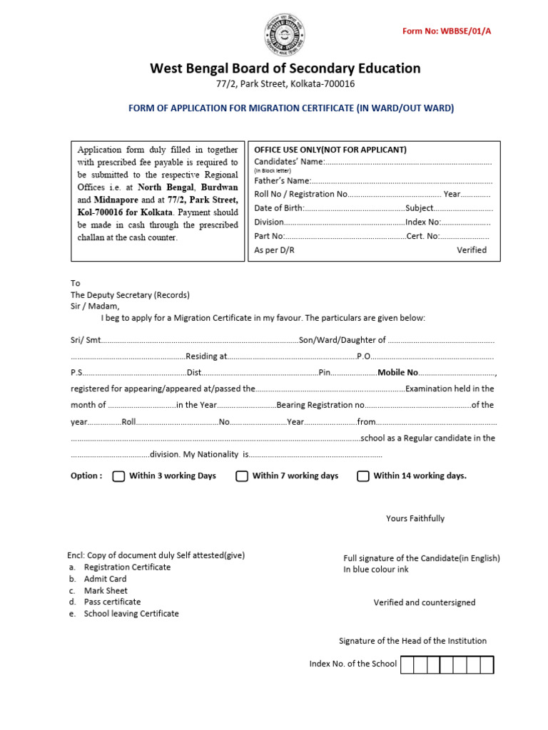 West Bengal Board of Secondary Education: Form of Application For ...