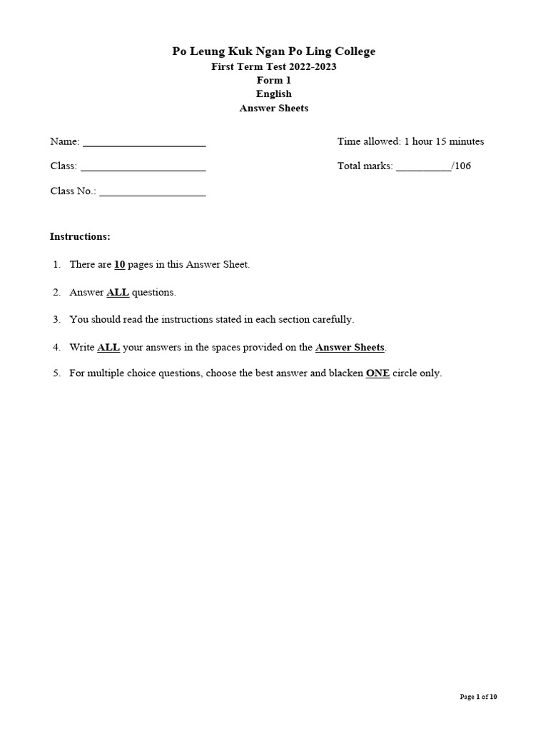 2122 F1 1st Mid-Term Test GE (Answer Sheet) | PDF