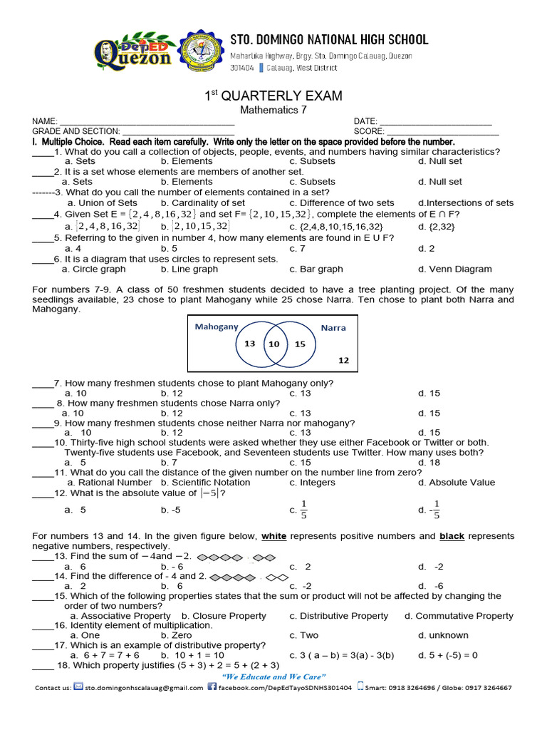 MATH 7 1ST PERIODIC TEST 2022 2023 - Checked | PDF | Set (Mathematics ...