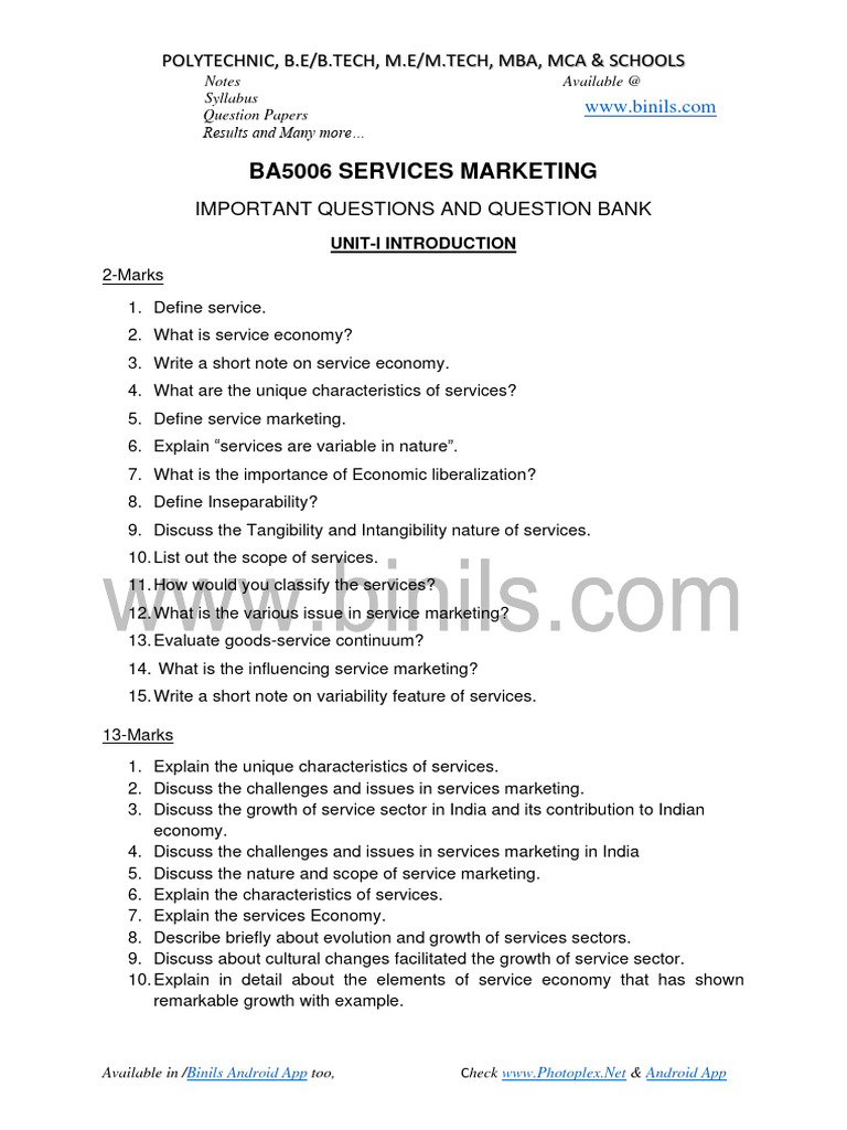 BA5006 SERVICES MARKETING Reg 17 Question Bank | PDF | Marketing | Pricing
