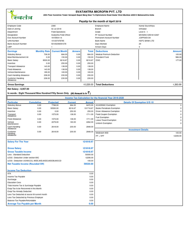 April 2019 Payslip Summary | PDF | Tax Deduction | Taxes