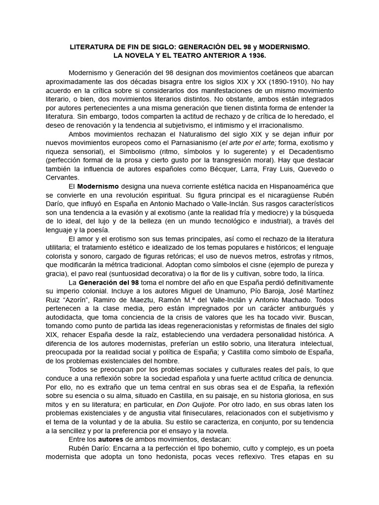 Tema 2 GeneraciÓn Del 98 Y Modernismo Novela Y Teatro Anterior A 1936 Pdf