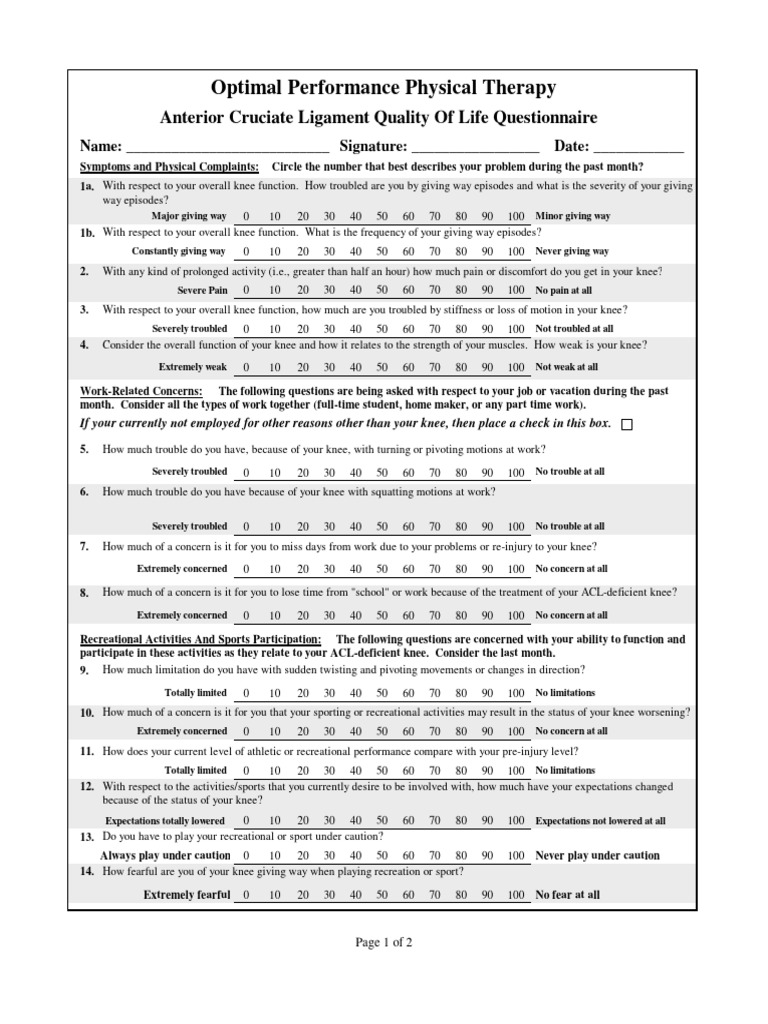 ACL Quality of Life Questionnaire | PDF | Knee | Clinical Medicine