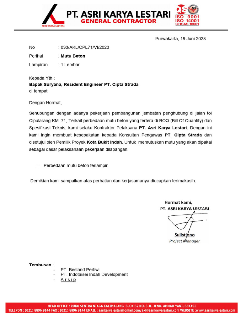 033 - Surat Perihal Mutu Beton | PDF