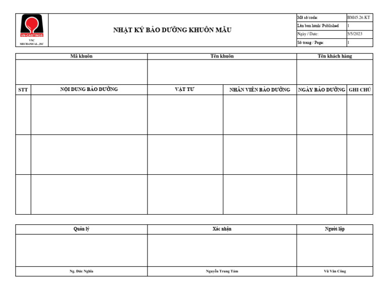 BM45.26.KT Nhat Ky Bao Duong Khuon | PDF
