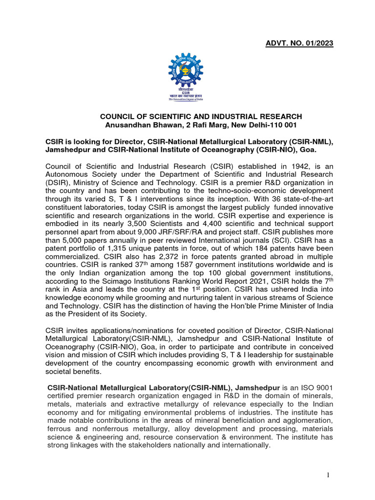 Advt-No.1-2023-CSIR - NML & NIO | PDF | Science