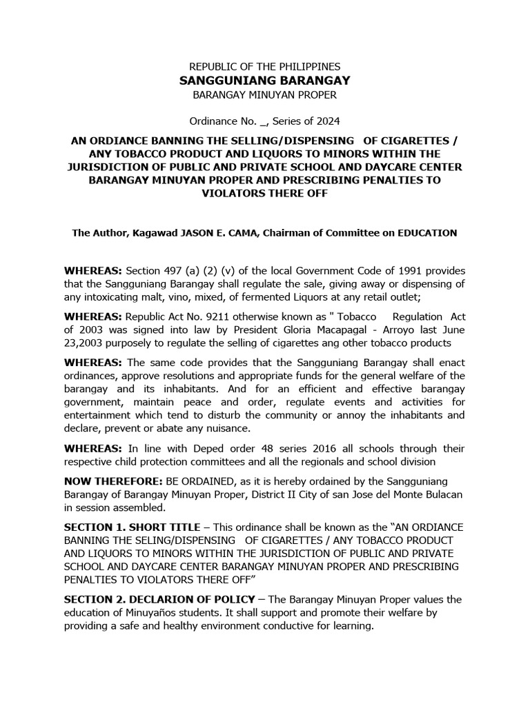 Ordinance Against Selling Tobacco to Minors | PDF | Smoking | Tobacco ...