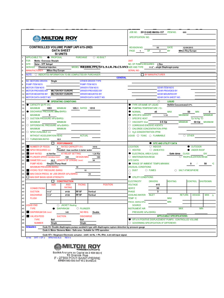 Controlled Volume Pump Data Sheet | PDF | Pump | Valve