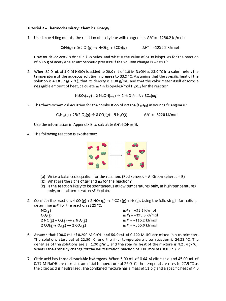 Tutorial 2 - Thermochemistry 2022 | PDF | Heat | Chemical Reactions