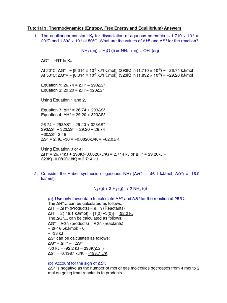 Tutorial 3 - Thermodynamics 2022 Answers - Suggested | PDF | Gibbs Free ...
