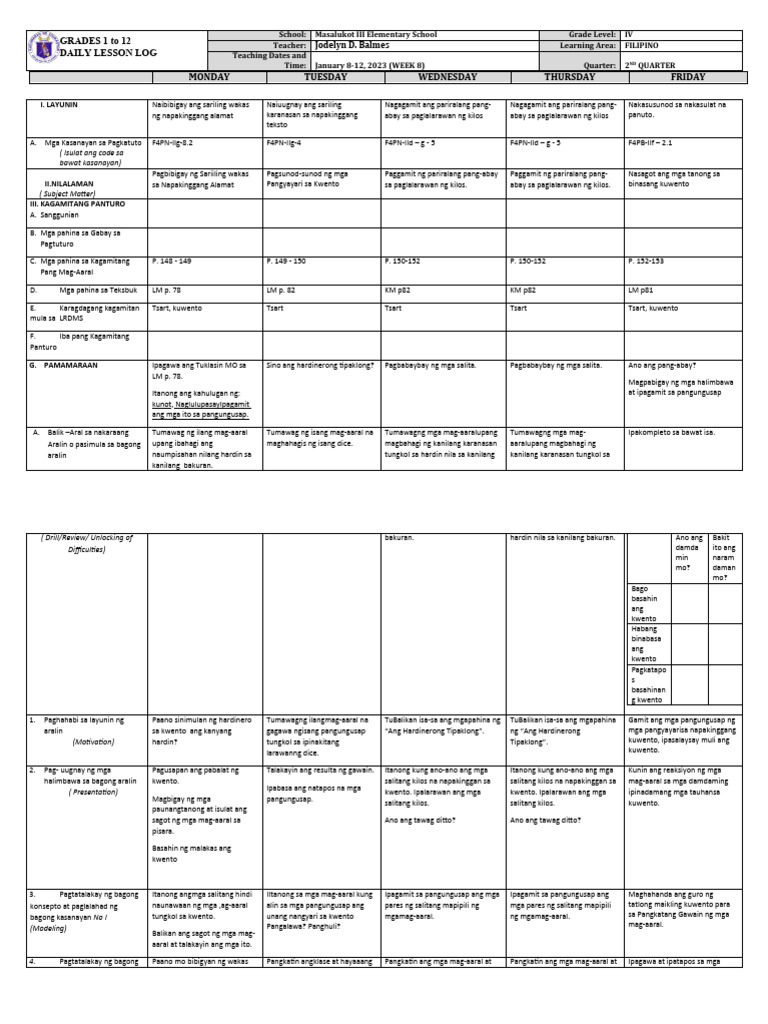 DLL - Filipino 4 - Q2 - W8 | PDF