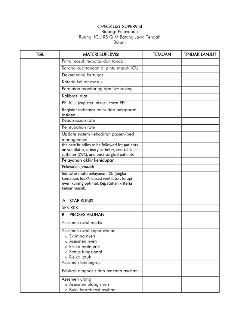 Checklist Supervisi ICU RS QIM Batang | PDF | Kesehatan Holistik ...