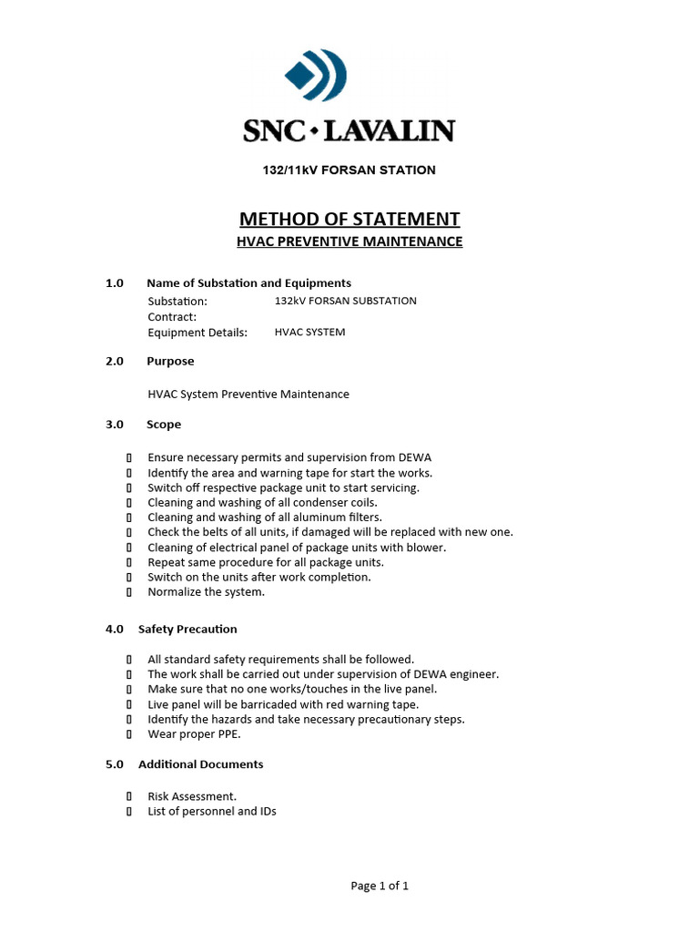 Method of Statement - Preventive Maintenance | PDF